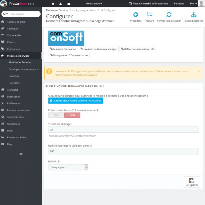 Modulo Instagram Prestashop gratuito: Blocco foto Instagram