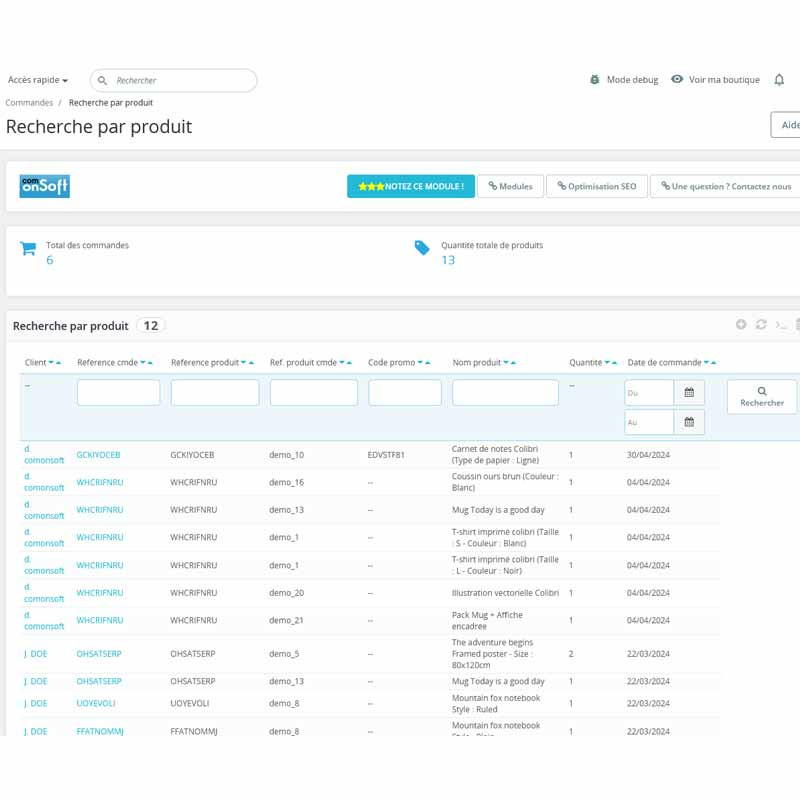Módulo Prestashop, lista encomendas por produtos, promoções