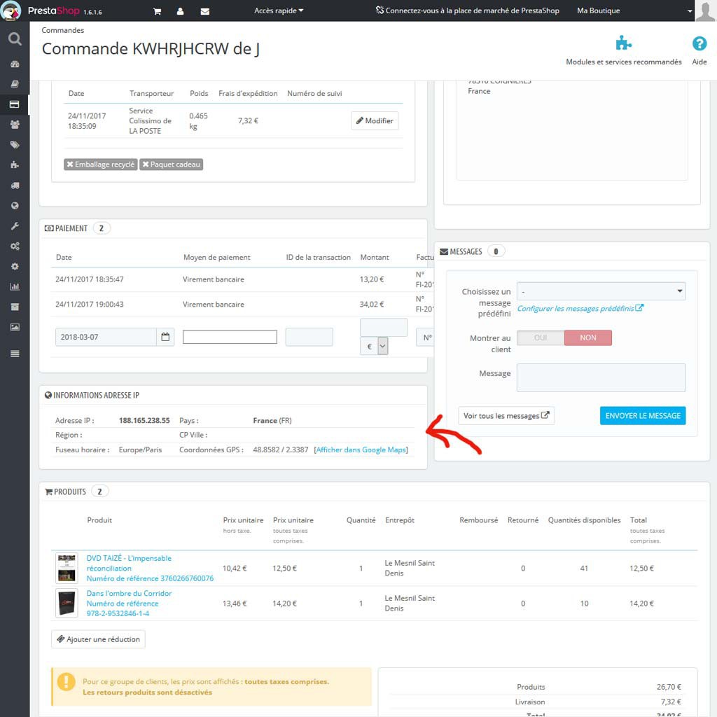Prestashop module save ip addresses orders and carts